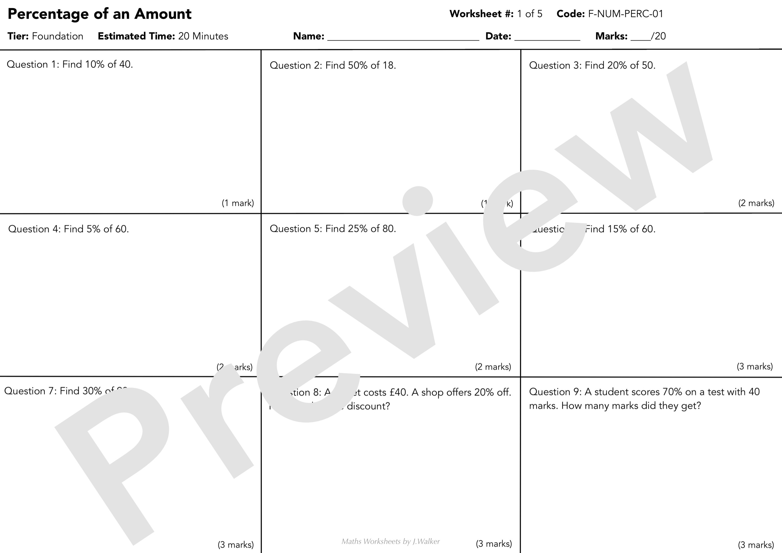 GCSE Maths Worksheet: Percentage of an Amount - Foundation Tier ...