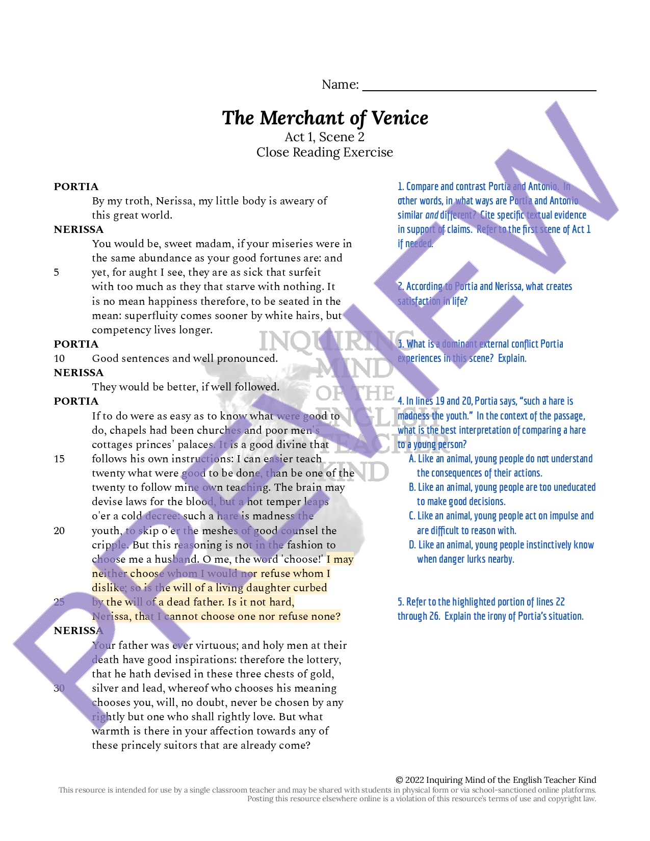The Merchant of Venice Act 1 Scene 2 Close Reading Analysis Activity | Teaching Resources