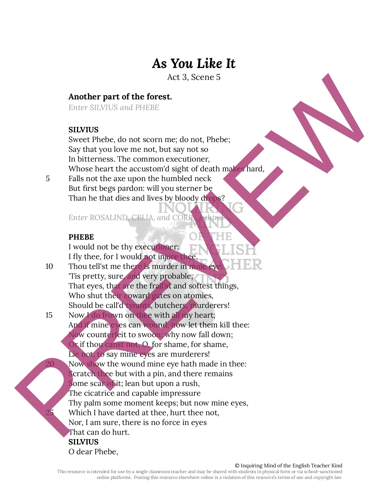 As You Like It Act 3 Scene 5 Close Reading Worksheet | Teaching Resources