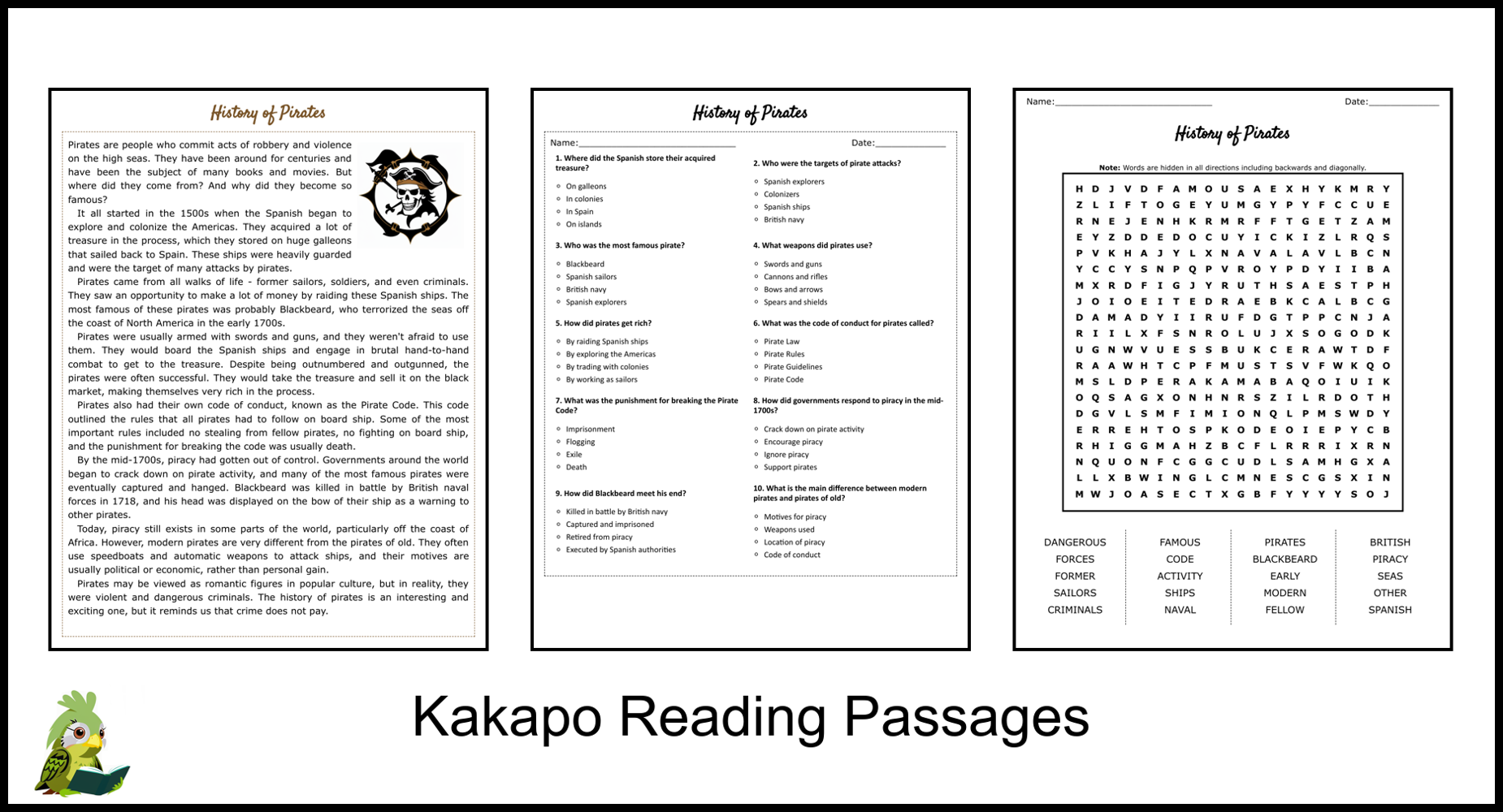 History of Pirates Reading Comprehension and Word Search | Teaching ...