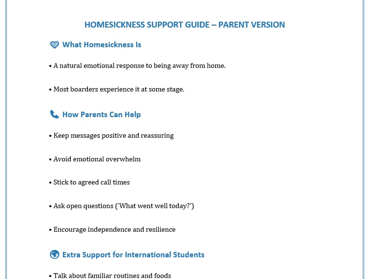 Homesickness Support Guides (Staff & Parent Versions) - Template ...
