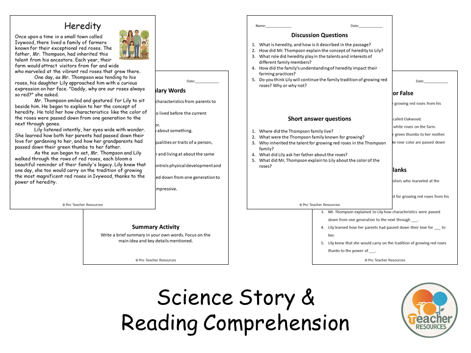 Heredity Reading Science Story Comprehension Questions Worksheet ...
