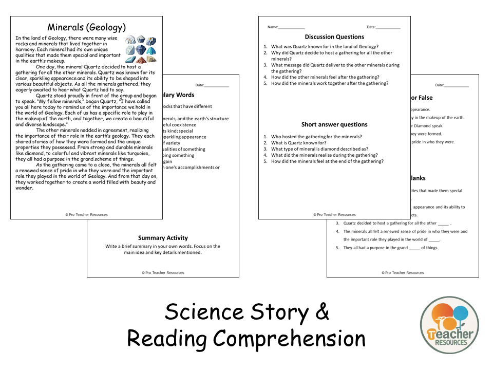 Minerals (Geology) Reading Science Story Comprehension Questions ...
