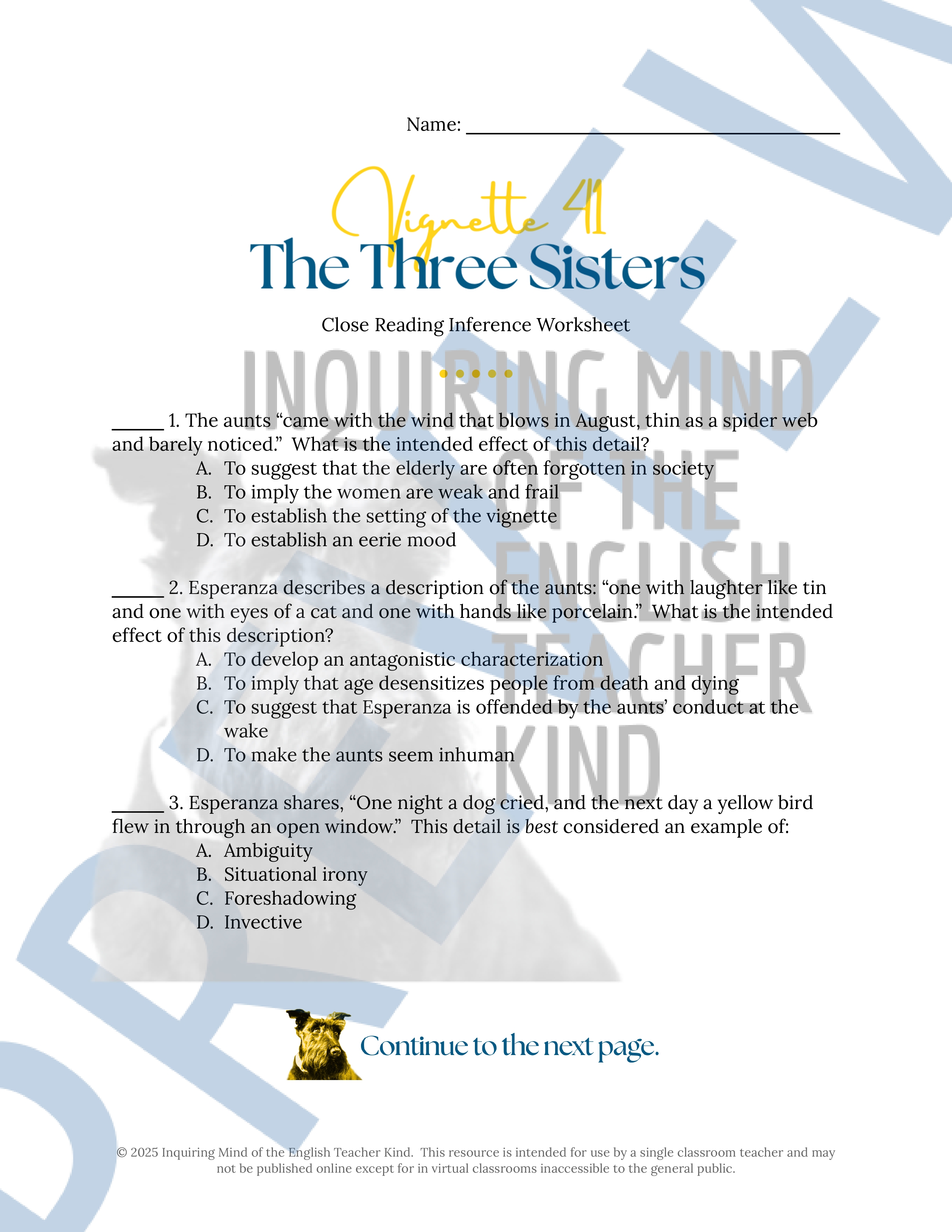 The House on Mango Street "The Three Sisters" Close Reading Inference ...