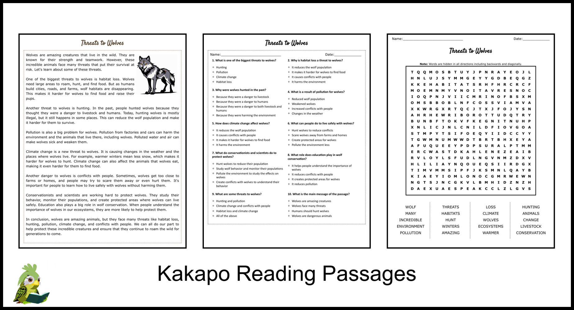 Threats to Wolves Reading Comprehension and Word Search | Teaching ...