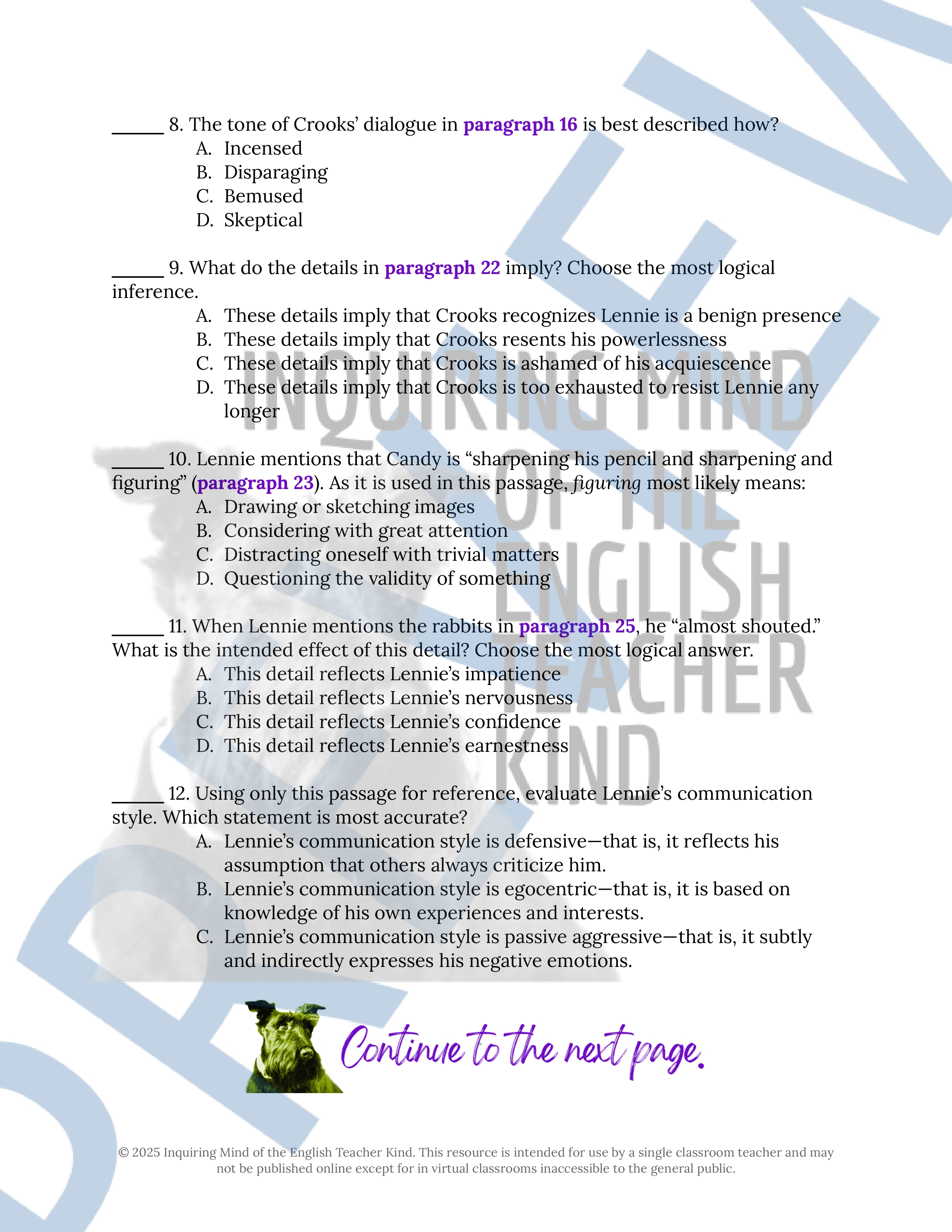 Of Mice and Men Chapter 4 Novel Analysis Worksheet | Close Reading Activity | Teaching Resources