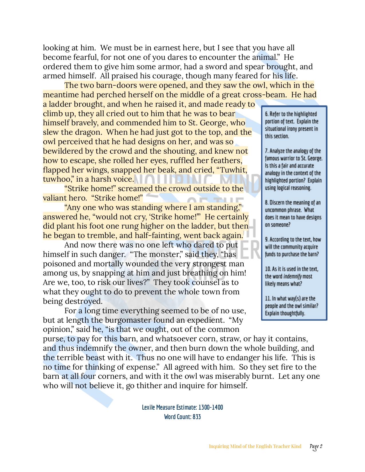 "The Owl" by the Brothers Grimm Close Reading Analysis Worksheet ...