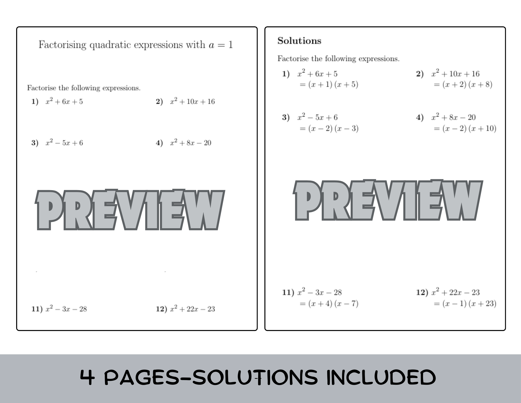 Factorising quadratic expressions with a=1 worksheet no 2 (with ...
