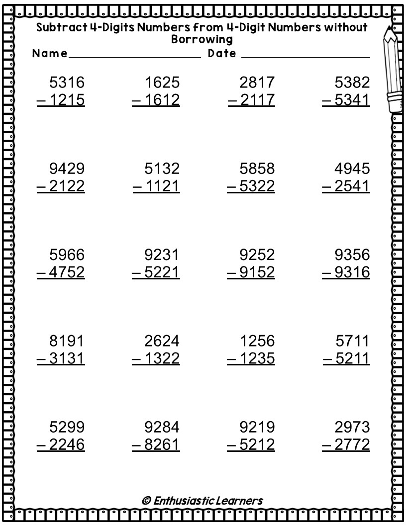 4-Digit Subtraction without Borrowing Worksheets – Practice Activity ...