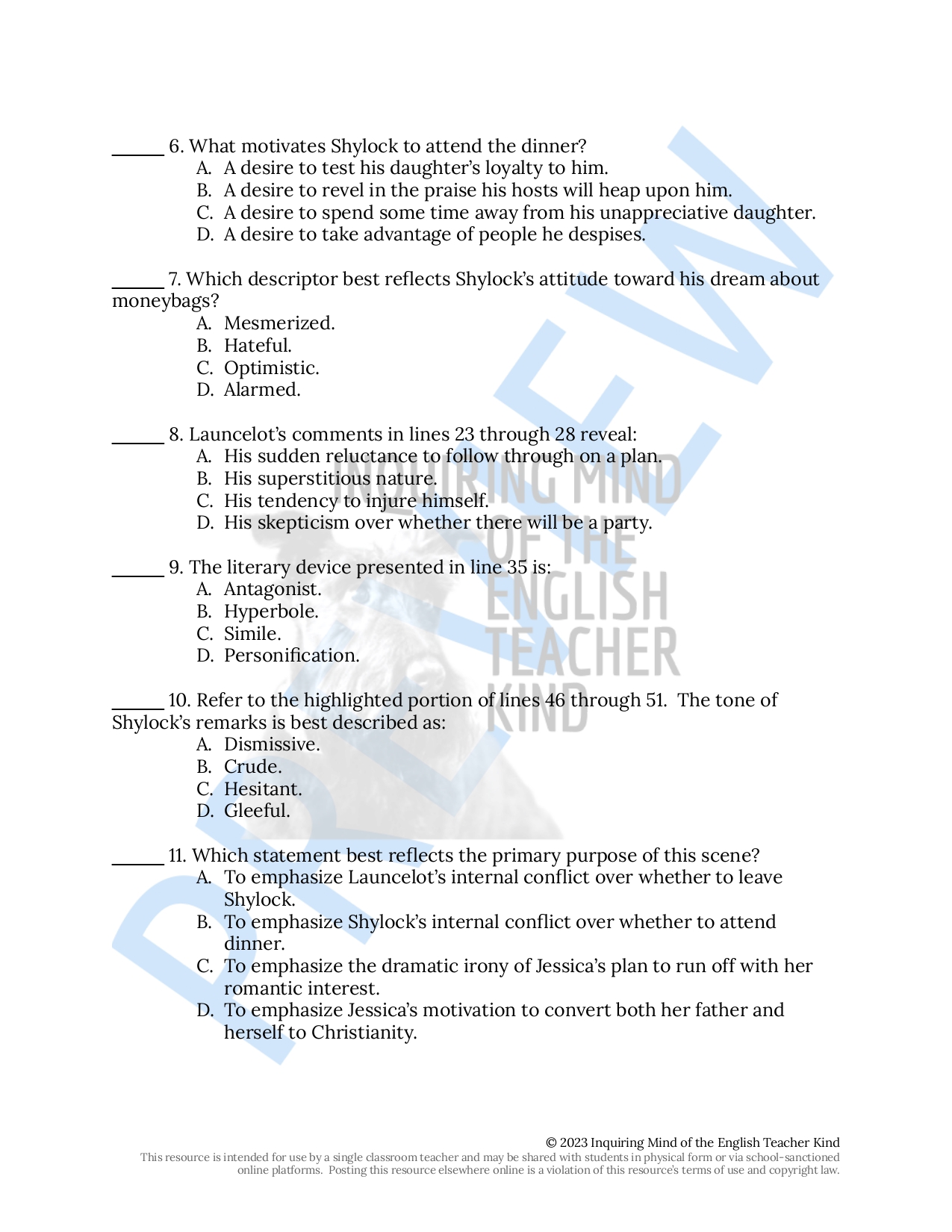 The Merchant of Venice Act 2 Scene 5 Close Reading Analysis Activity ...
