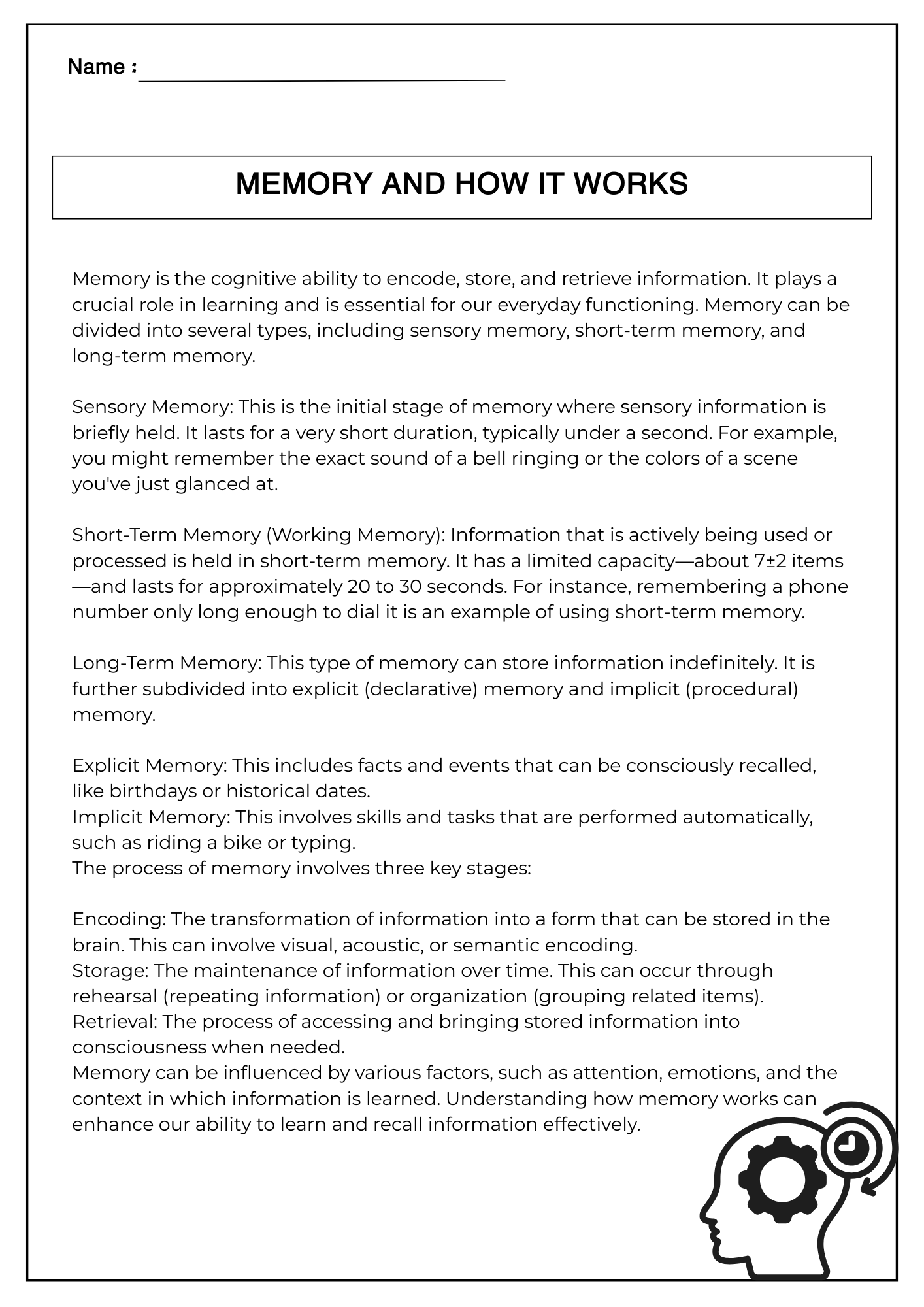Memory and How It Works Reading Comprehension Passages & Questions ...