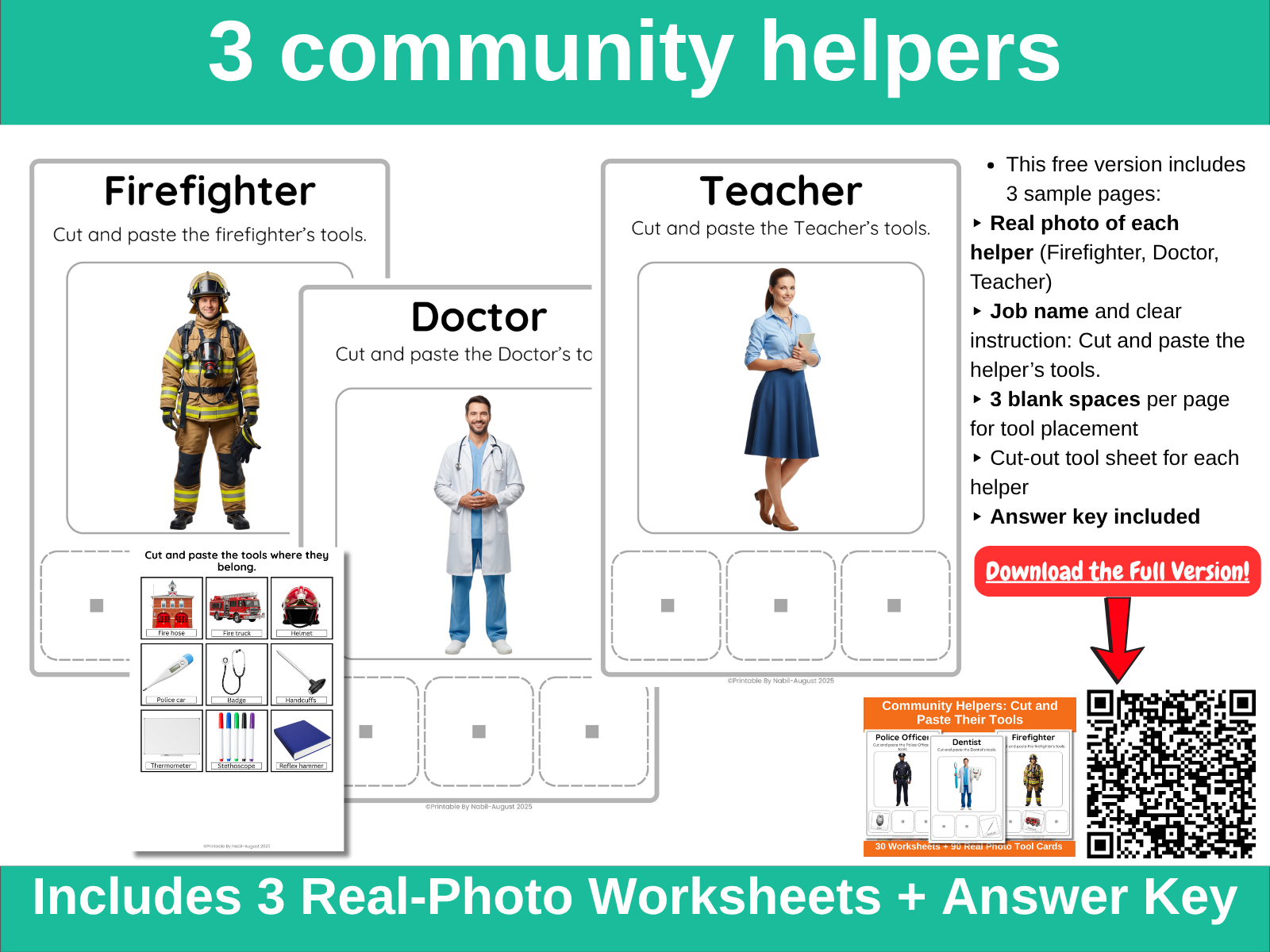 Free Community Helpers Cut & Paste Worksheets | Real Photos Matching for Autism & Special Ed ...