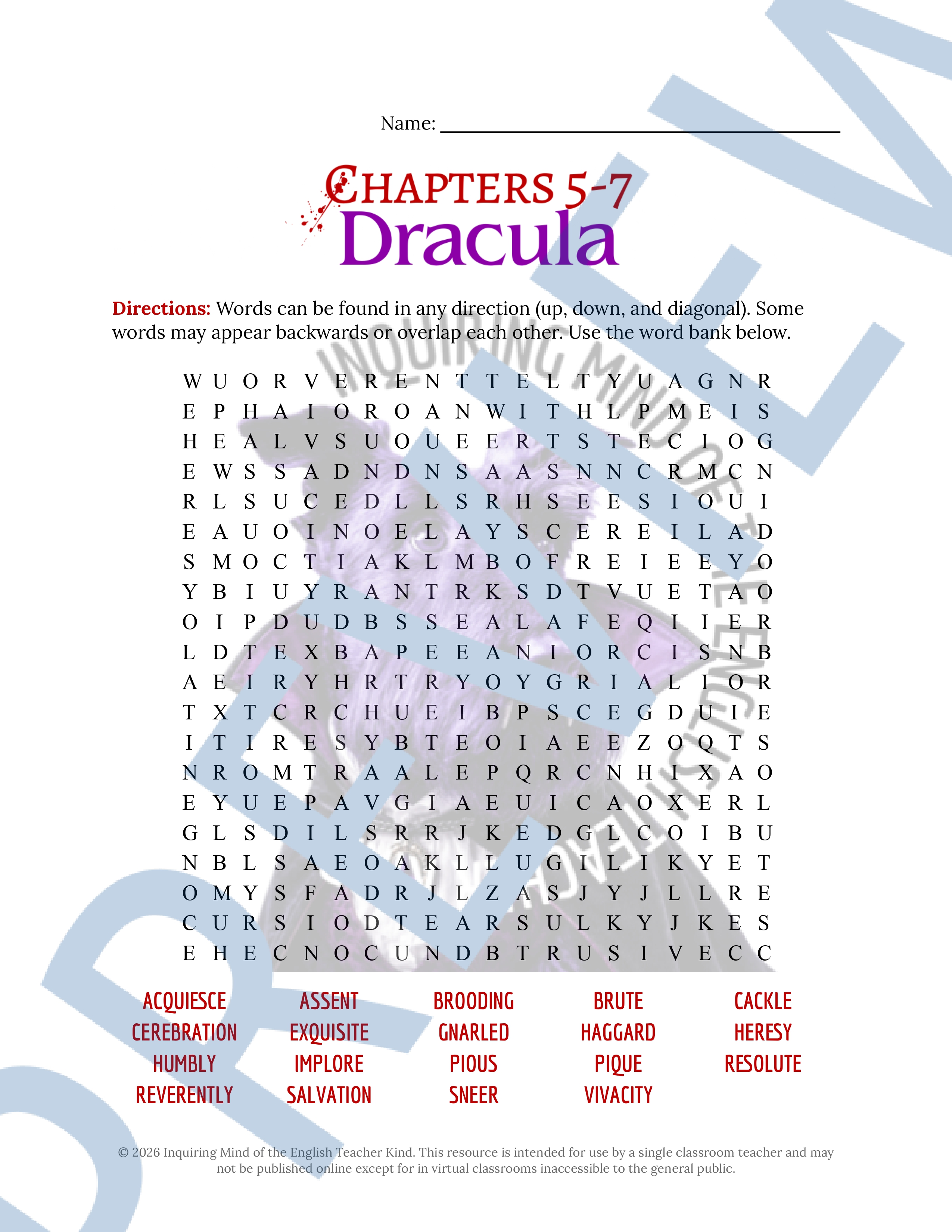 Dracula Chapters 5, 6, and 7 Vocabulary Worksheet, Crossword Puzzle ...