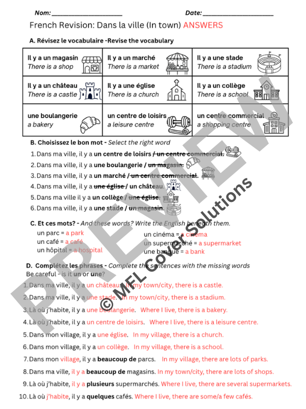 KS3 French Cover Lesson- In Town (En Ville) | Teaching Resources