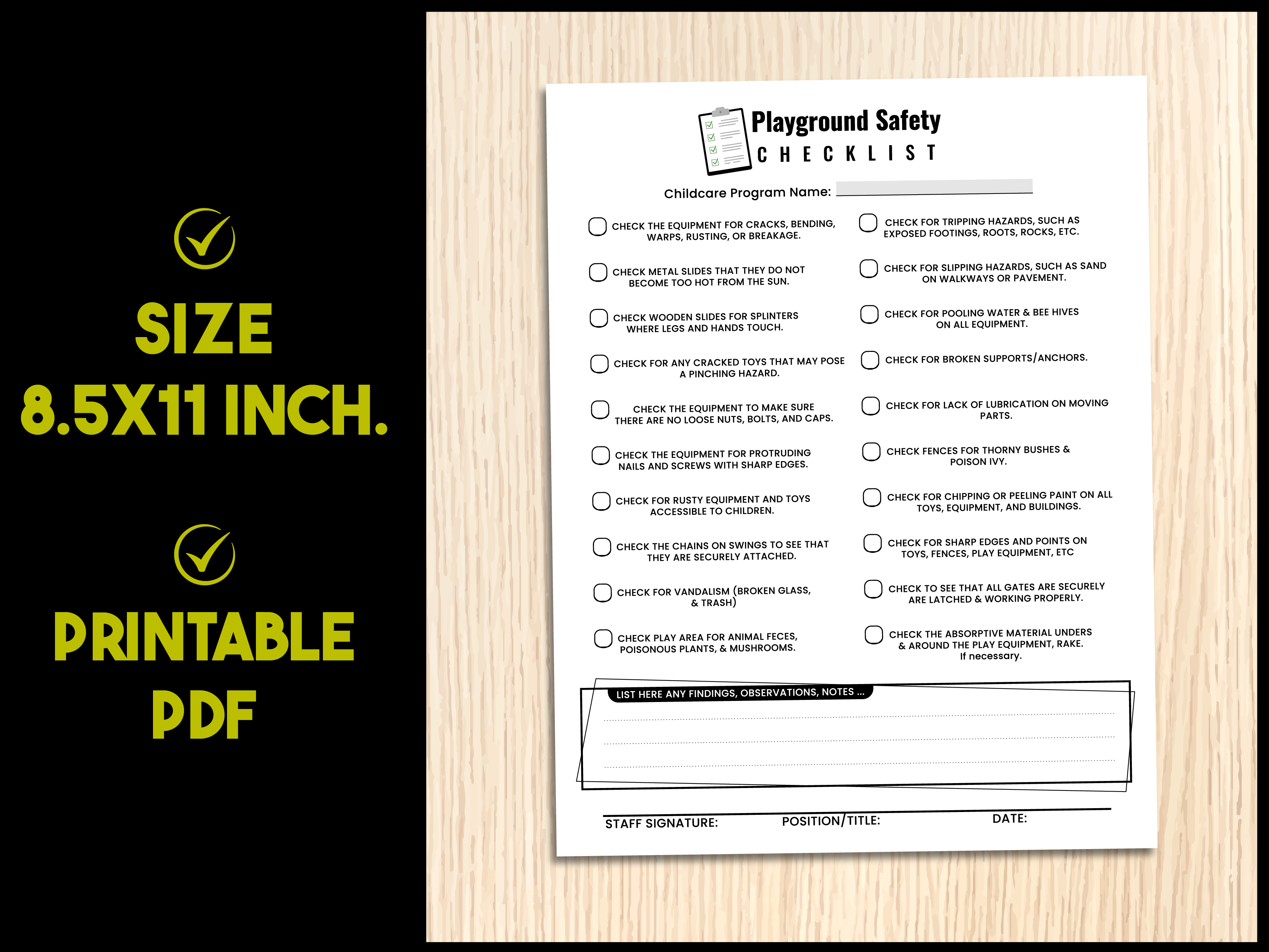 Playground Inspection Checklist | Safety Log for Daycare, Preschool ...