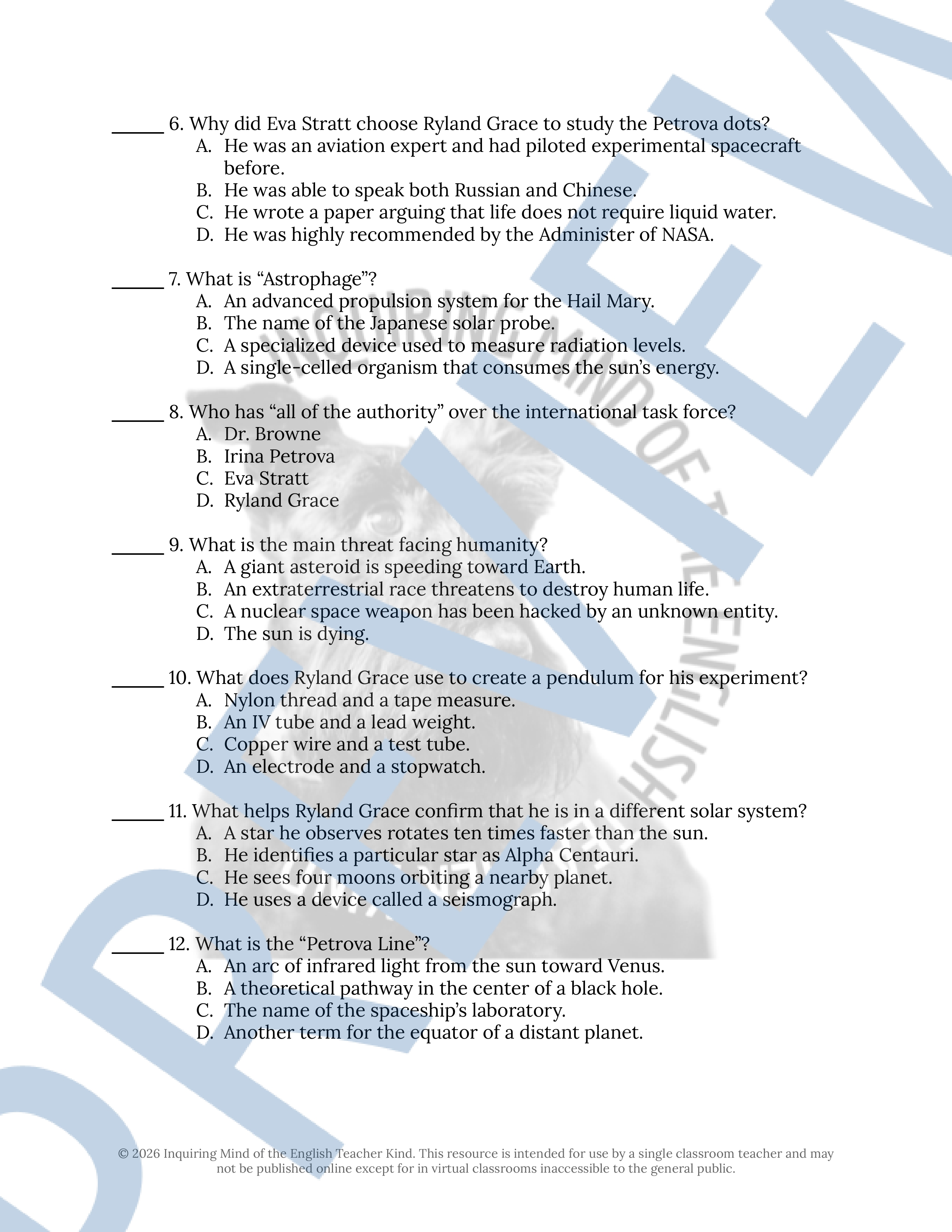 Project Hail Mary Chapters 1, 2, and 3 Quiz and Answer Key | Science ...
