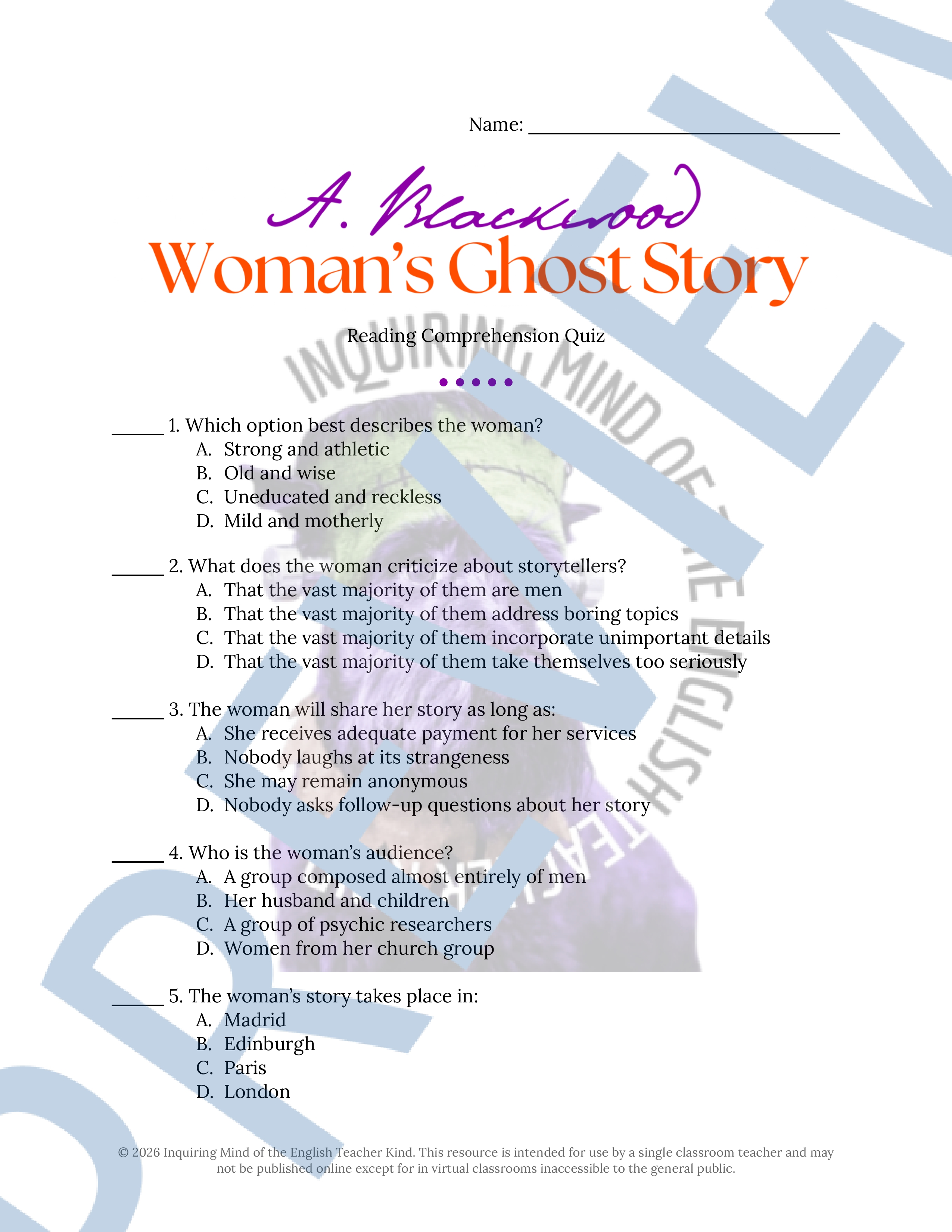"The Woman's Ghost Story" by Algernon Blackwood Quiz and Answer Key ...