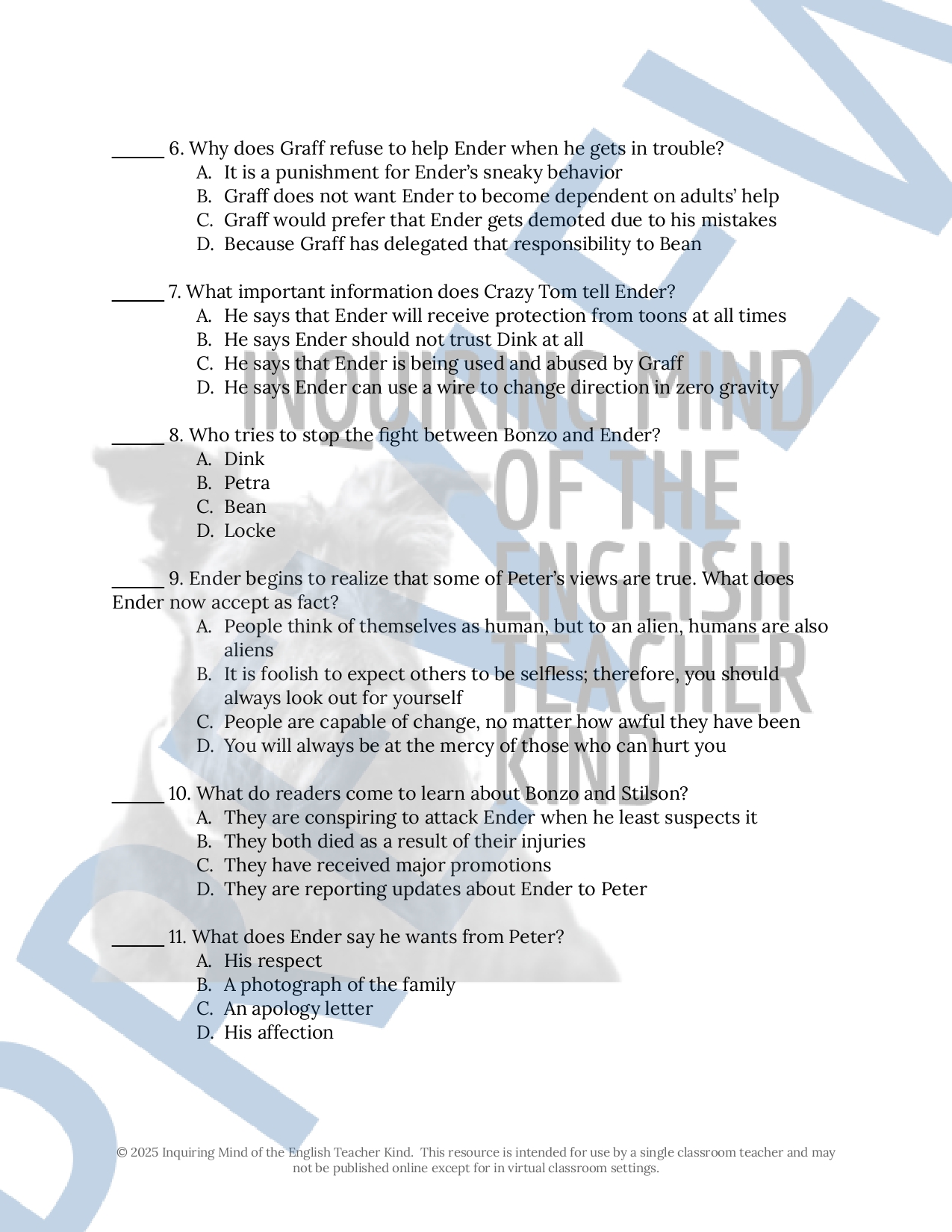 Ender's Game Chapters 11 through 13 Quiz and Answer Key | Teaching ...