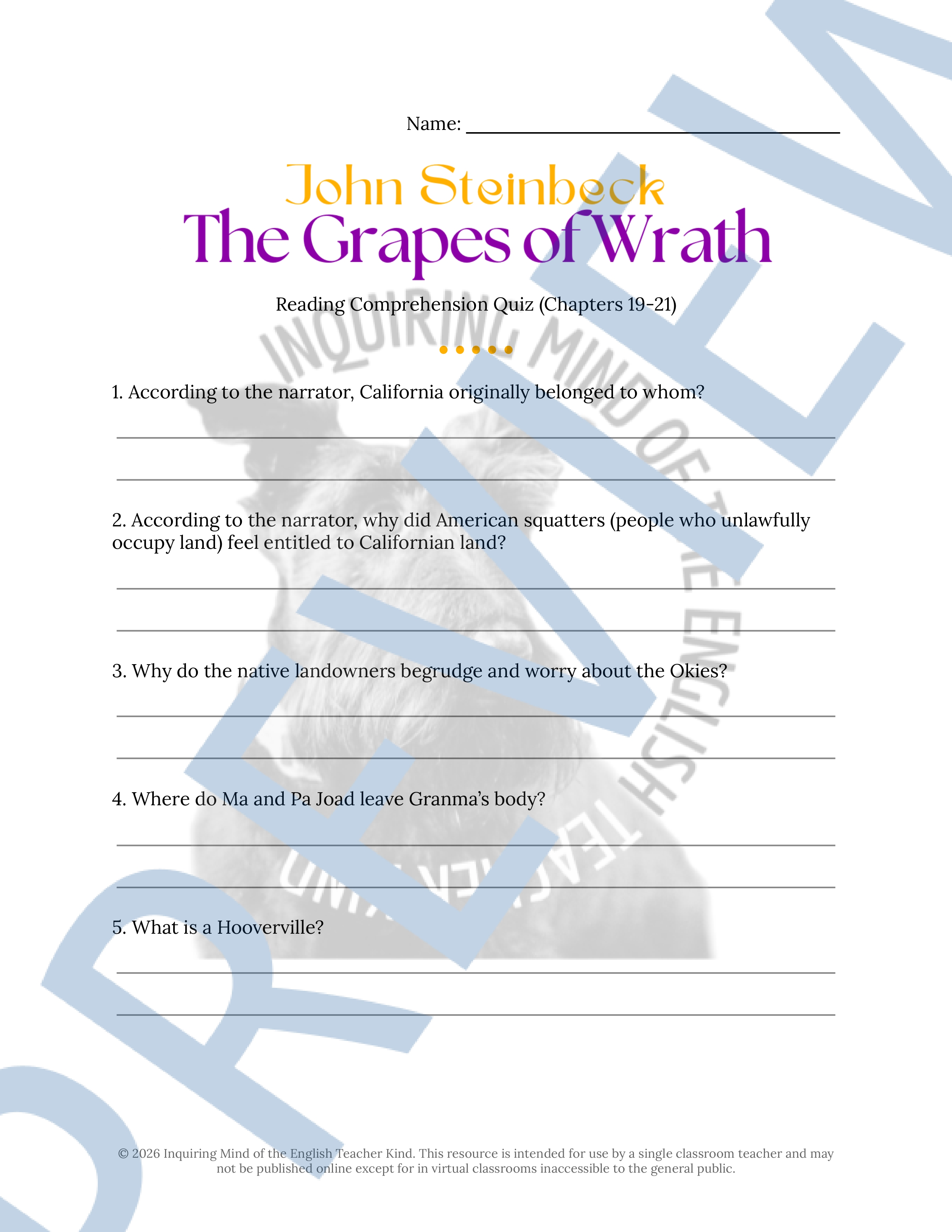 The Grapes of Wrath Chapters 19, 20 & 21 Quiz & Answer Key | Reading ...